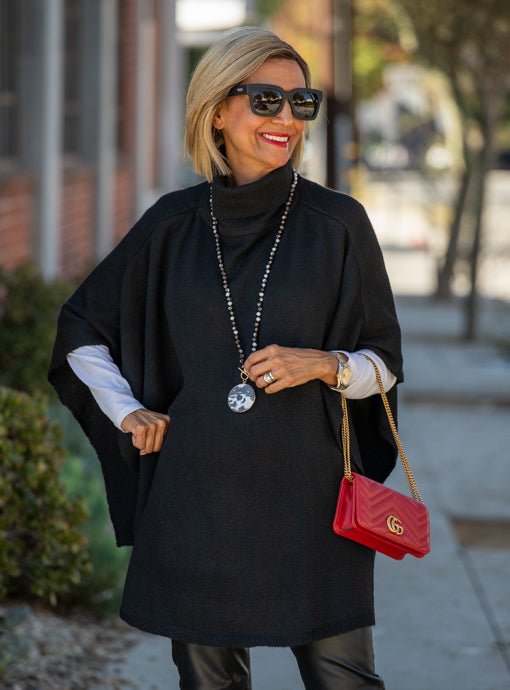 Black Turtleneck Knit Open Side Poncho – Just Style LA