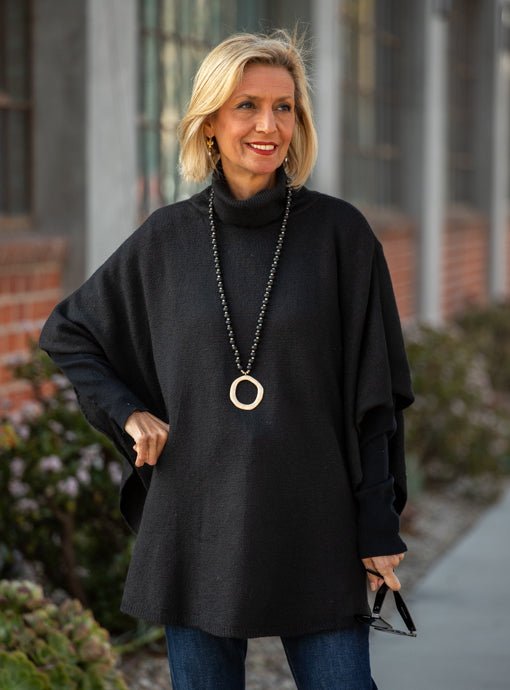 Black Turtleneck Knit Open Side Poncho – Just Style LA