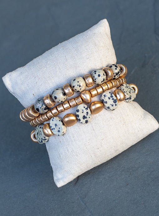 Gold And Tan Black Dot Bead Bracelet Set Of Three – Just Style LA