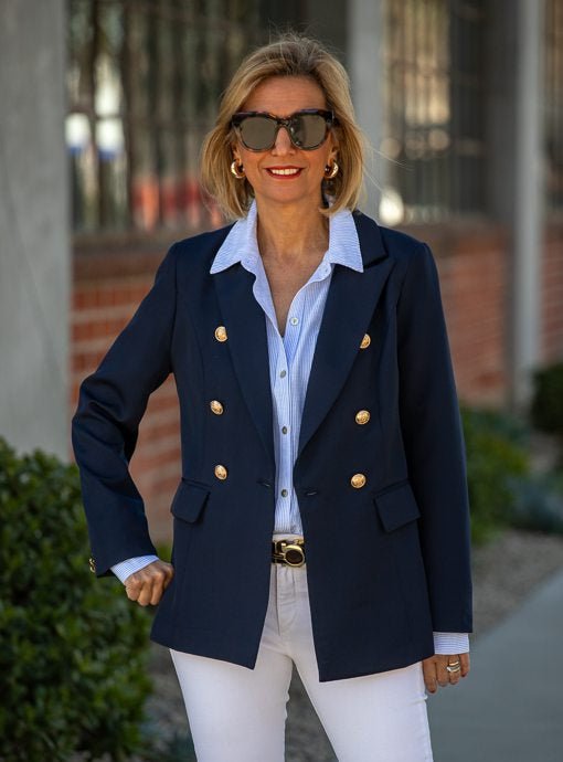 Navy Double Breasted Blazer With Gold Buttons – Just Style LA